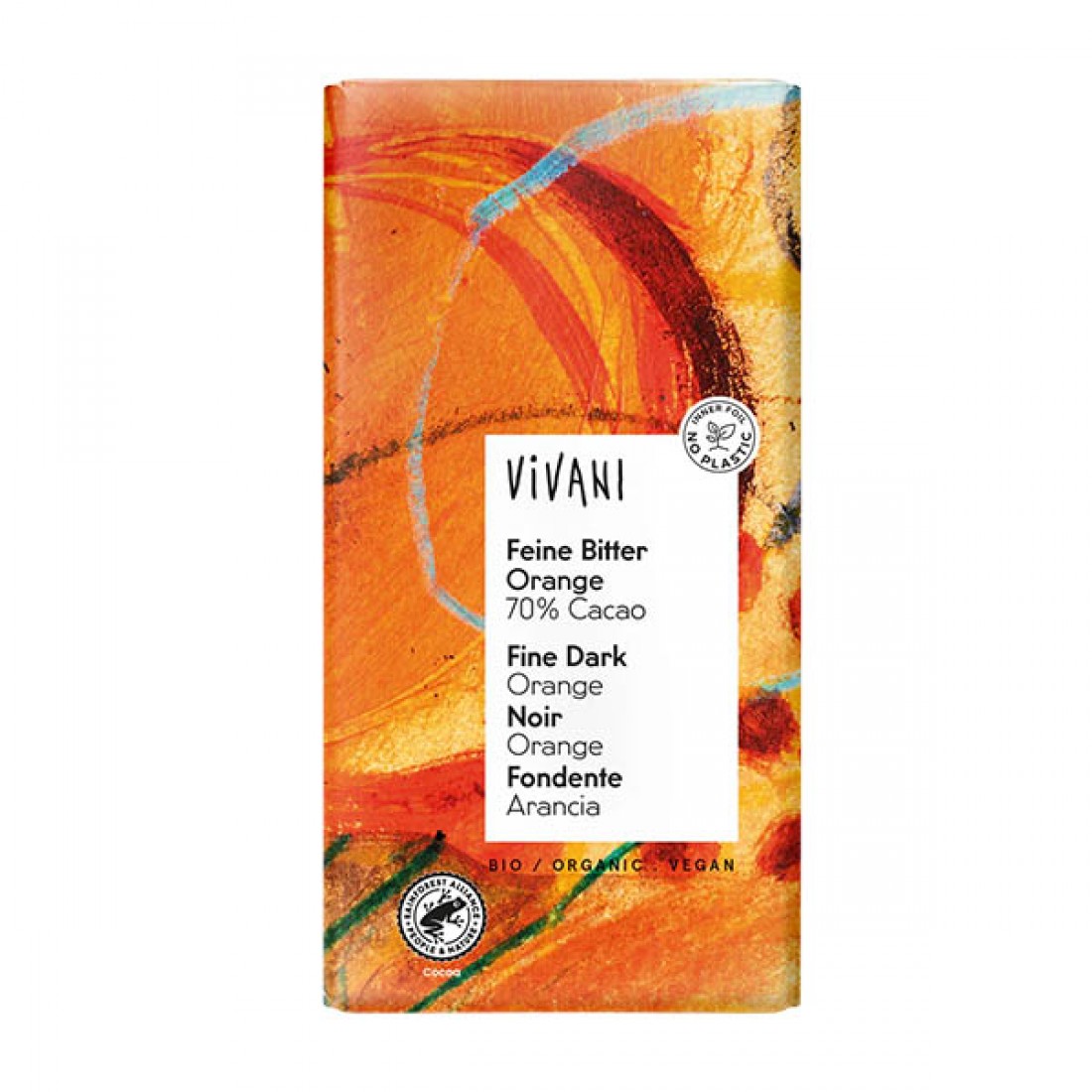 Vivani 70% Cacao Dark Chocolate & Orange Bar 10 x 100g - Planet Candy